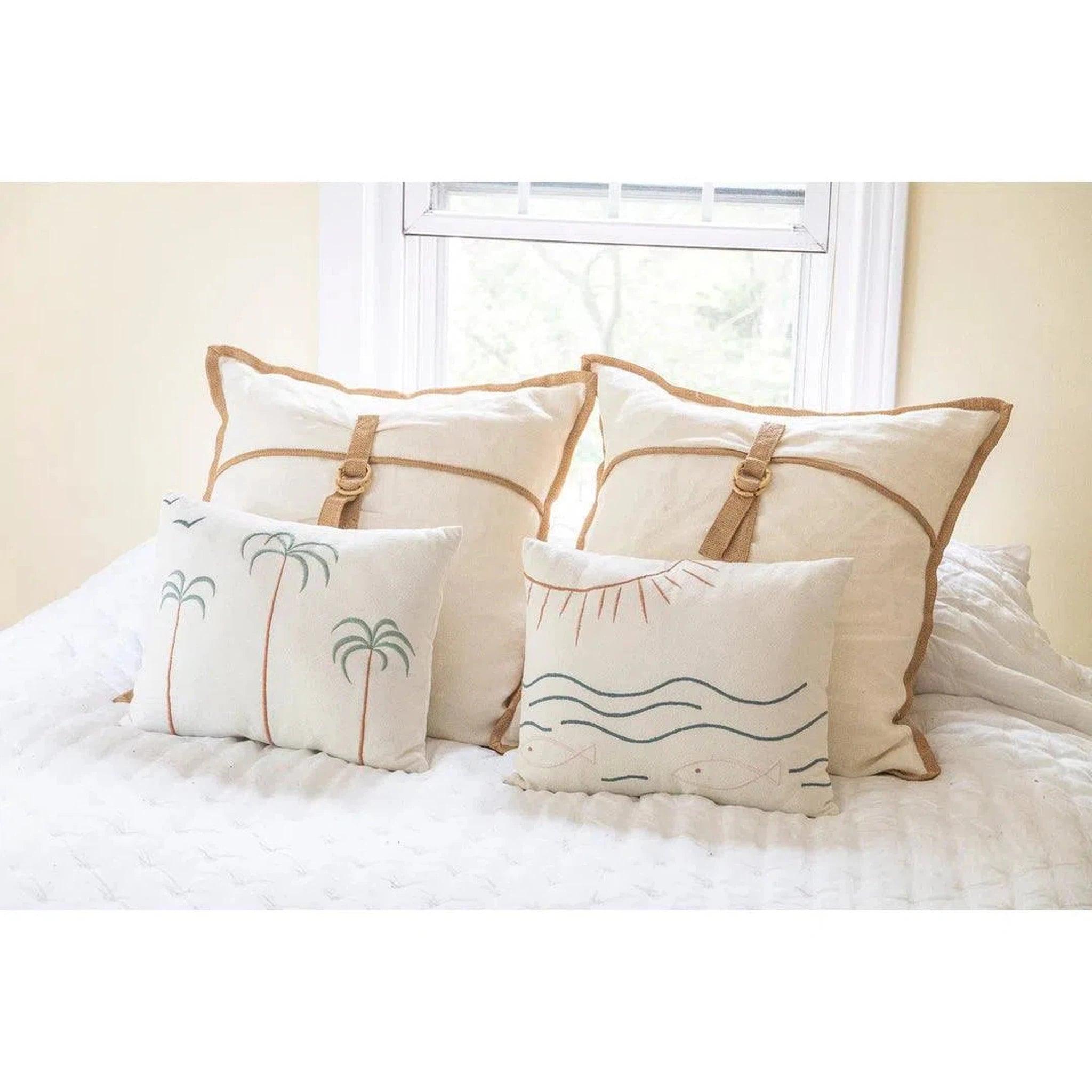 Palm Tree + Birds Embroidered Cotton Pillow Cover - Oceanista
