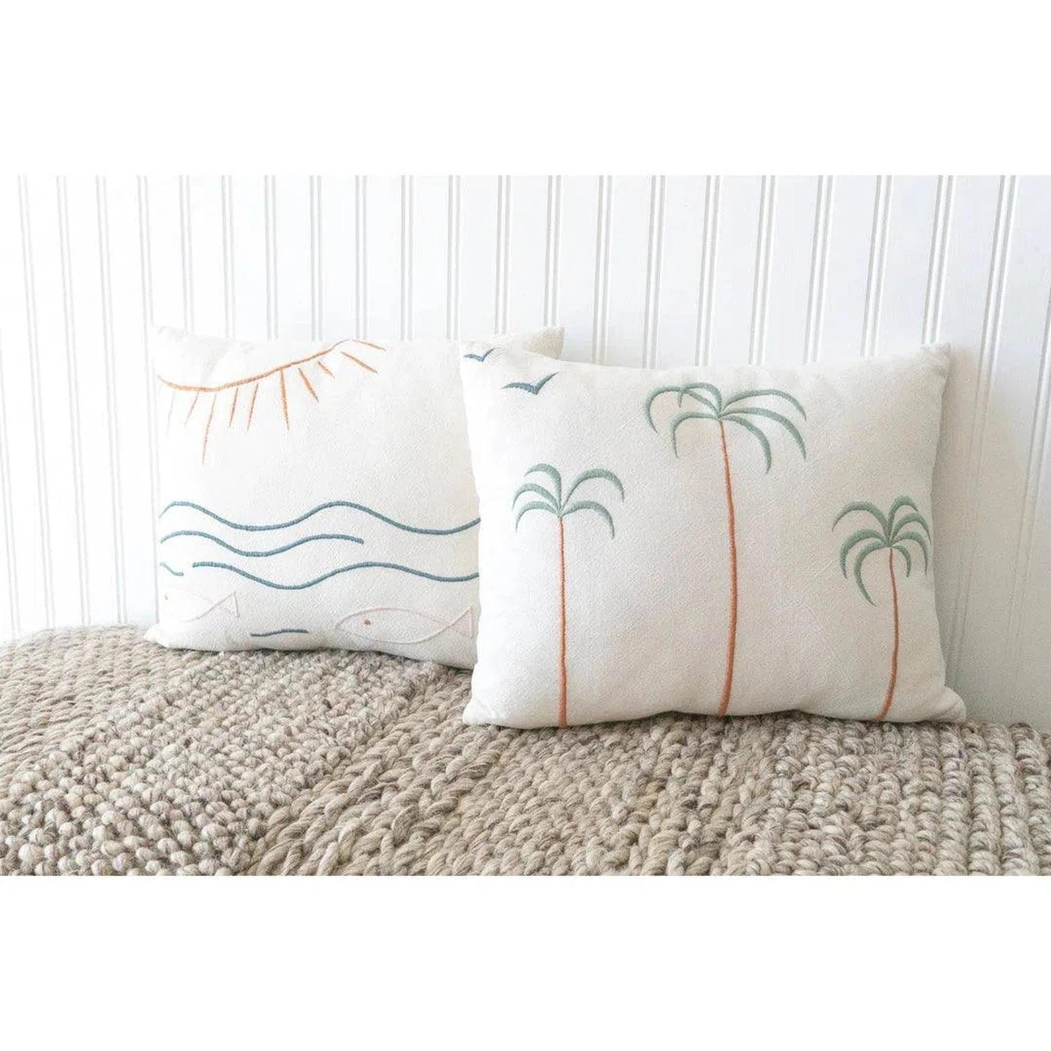 Palm Tree + Birds Embroidered Cotton Pillow Cover - Oceanista